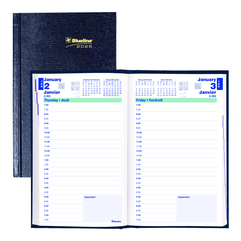 Blueline 2025 Daily Planner Perfect Binding - 8" x 5" - Blue - Bilingu ...