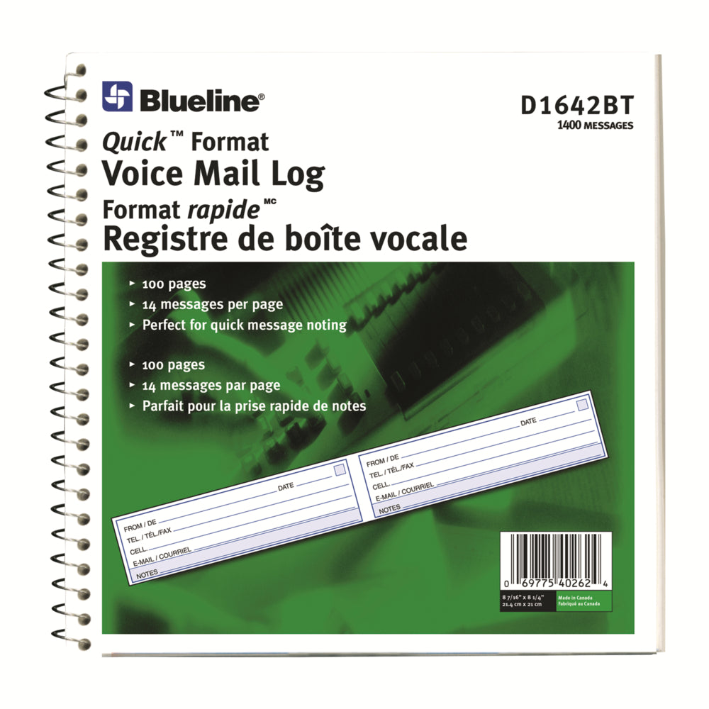 Blueline Quick Voice Mail Log - 8-3/8" x 8-1/4" - Bilingual - 100 Page ...